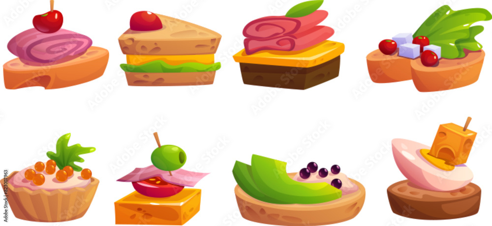 Finger food snacks set isolated on white background. Vector cartoon ...