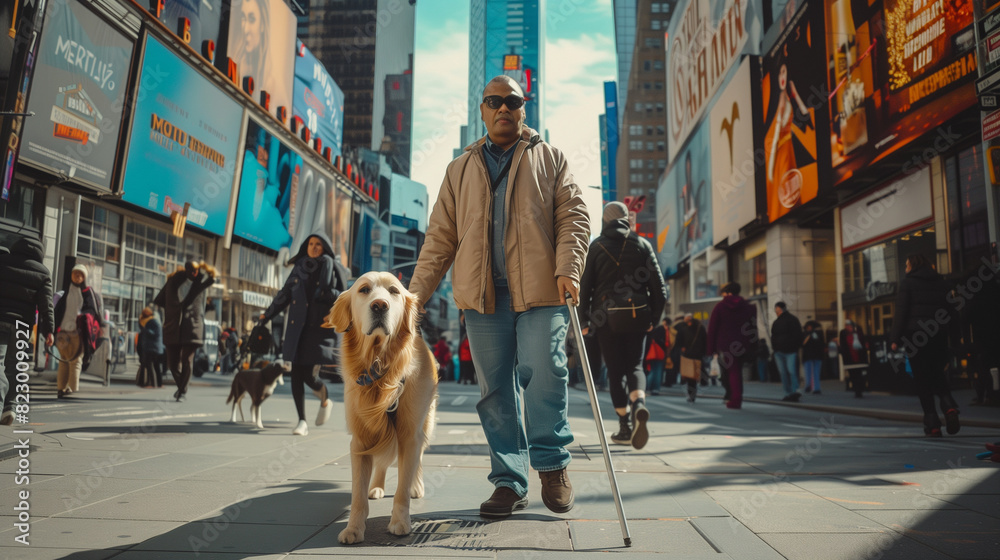 Blind man with a guide dog and a white cane walks down a bustling city ...