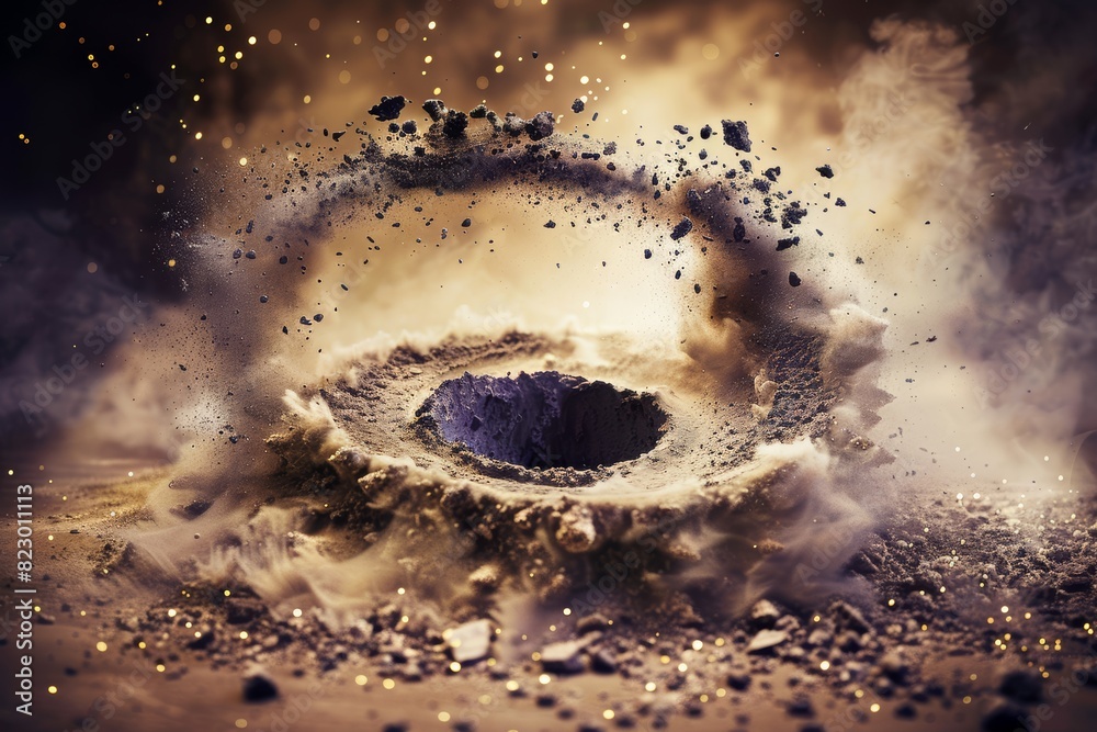 Artistic depiction of an explosion impact with a dust crater and debris ...