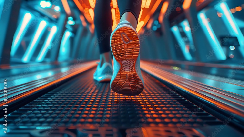 Feet on a treadmill with proof of work metrics displayed, blending ...