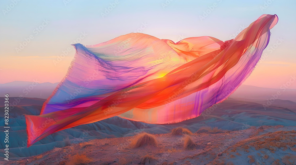 Vibrant, translucent fabric billowing in the sunset sky over a desert ...