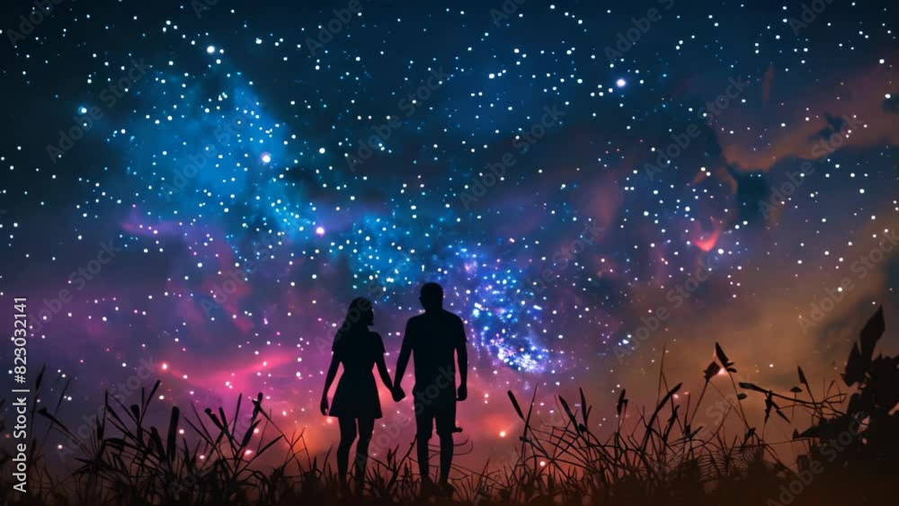 A man and a woman stand together in a field, holding hands, under a ...