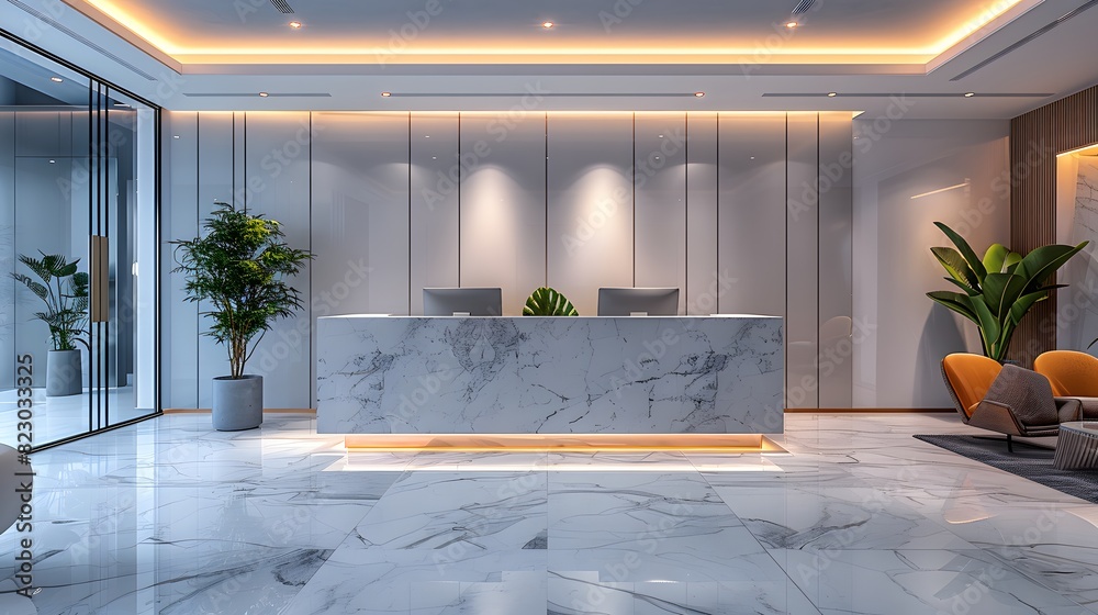 Modern office lobby interior with a marble reception desk illuminated ...