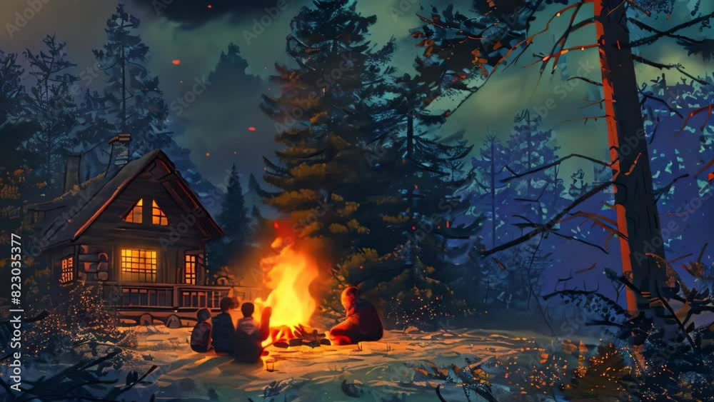 Several people sitting around a campfire in a cozy cabin in the woods ...