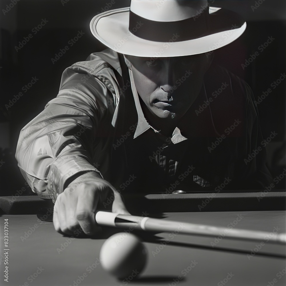 At the pool table, a man is playing billiards, carefully lining up his ...