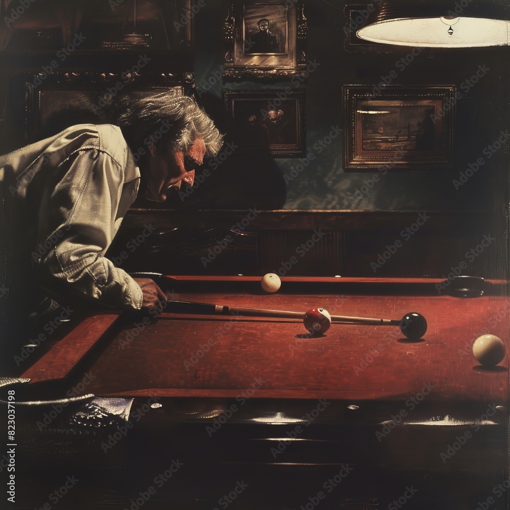 At the pool table, a man is playing billiards, carefully lining up his ...