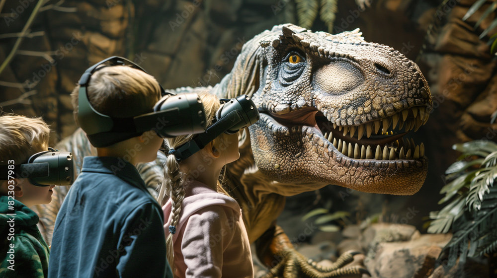 Children, wearing advanced virtual reality goggles, play in a perfectly ...