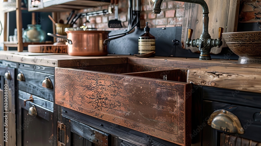 Designer kitchen featuring a luxurious apron front sink, close-up shot ...