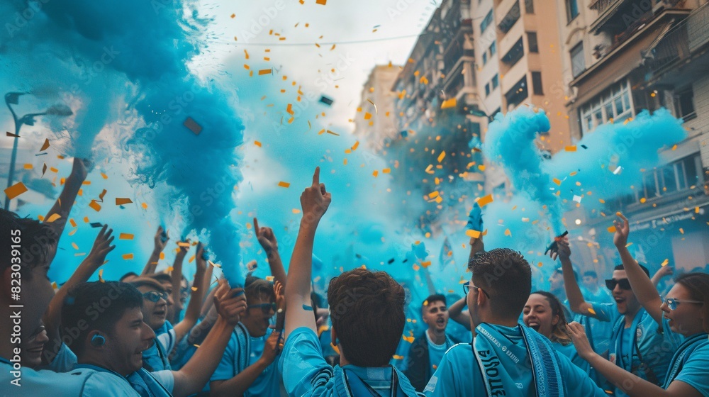 group of Sky Blue football team fans cheer and celebrating a winning ...