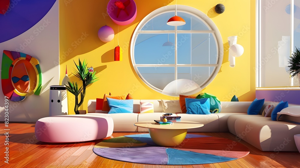 Bright and colorful interior design of a modern living room with ...