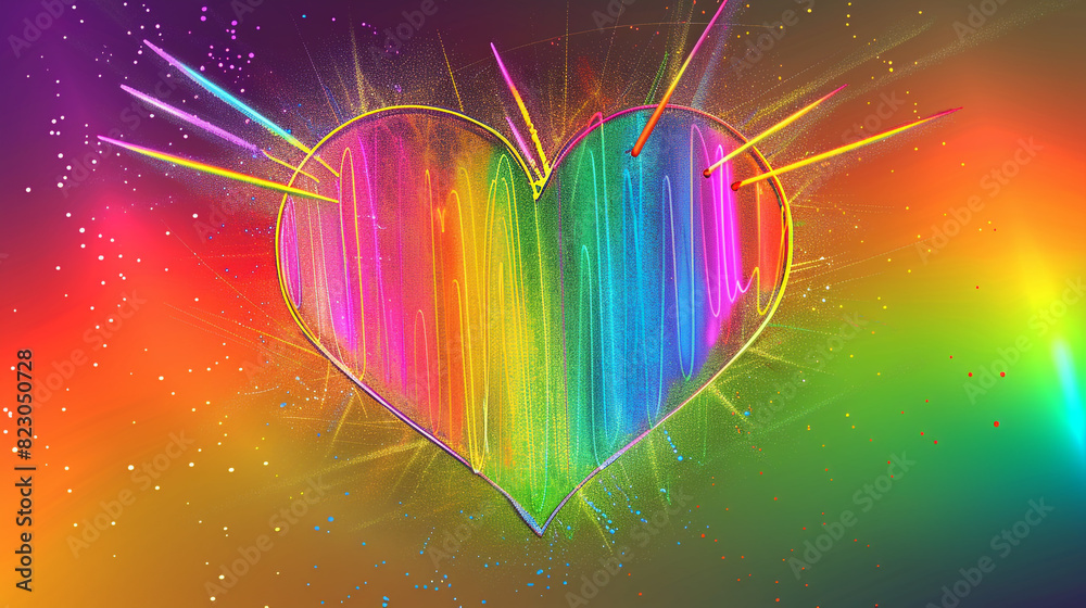 A heart drawn with rainbow-colored laser beams, set against a gradient ...