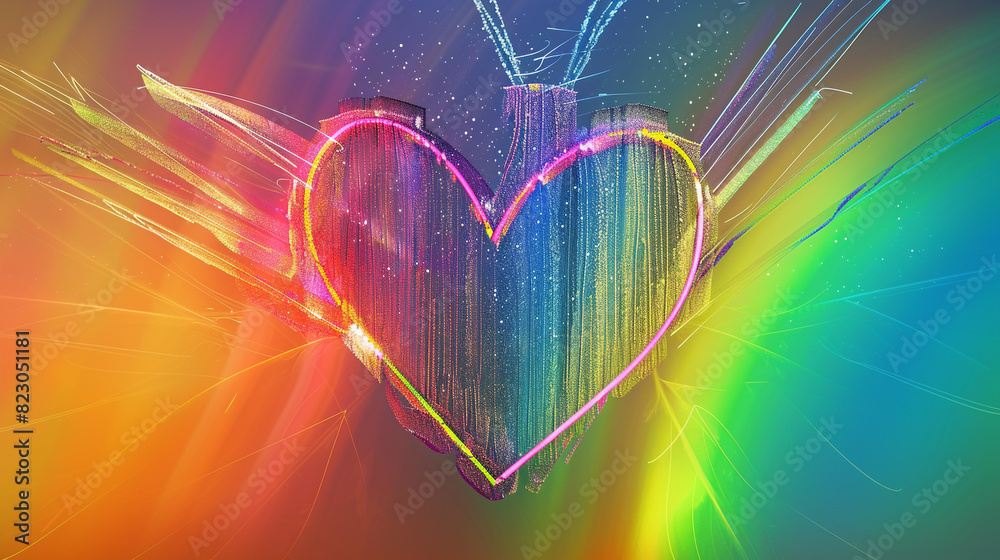 A heart drawn with rainbow-colored laser beams, set against a gradient ...