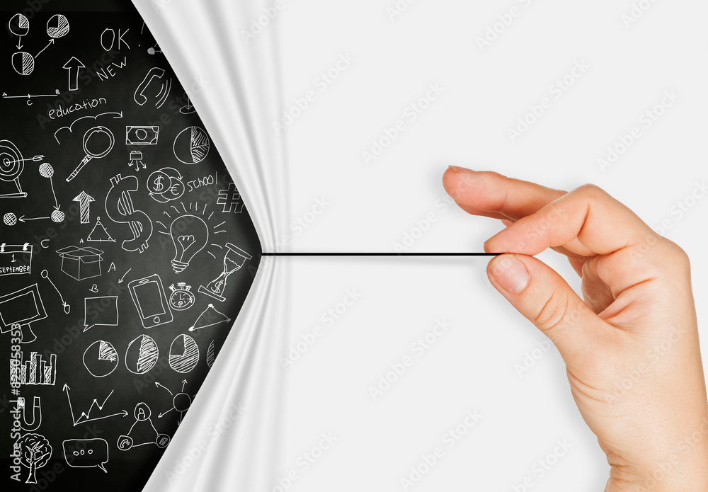 business hand pull rope open wrinkled paper show business strategy as ...
