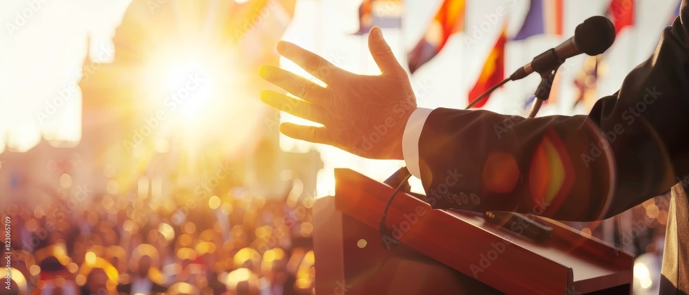 Hands of a leader raised in a passionate gesture during an Independence ...