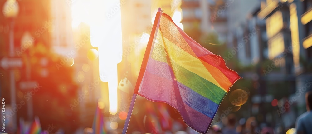 Joyful pride parade with a big rainbow flag leading the way, cityscape ...