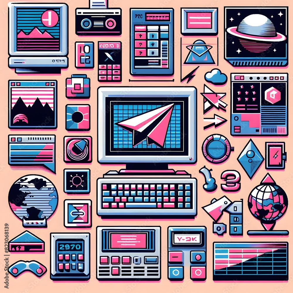 old computer aesthetics Steam style pc elements, user interface, UI, planet, dialogue window ...