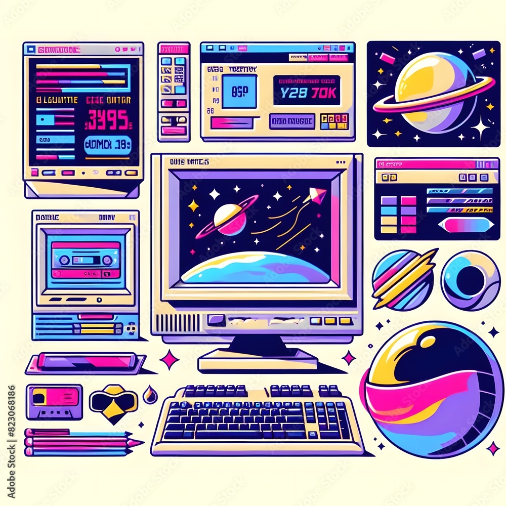 old computer aesthetics Steam style pc elements, user interface, UI, planet, dialogue window ...