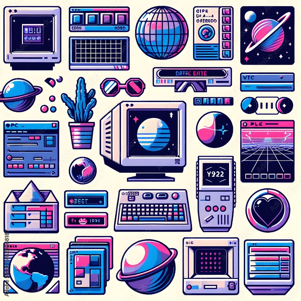 old computer aesthetics Steam style pc elements, user interface, UI, planet, dialogue window ...