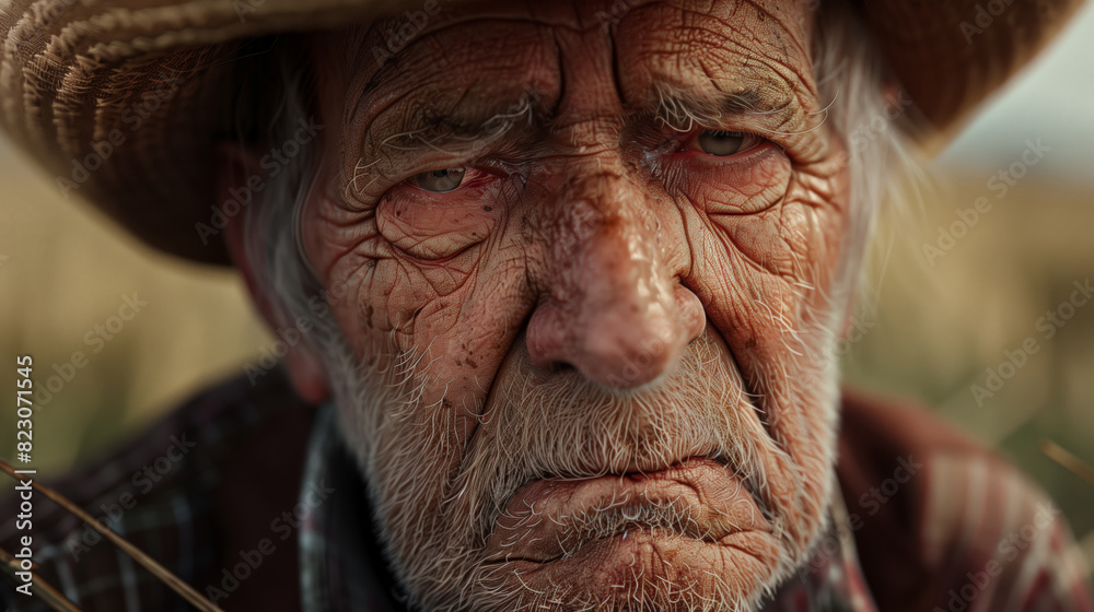 An elderly man with a straw hat on his head and a sad expression on his ...