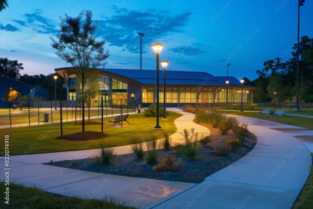 An evening view of a small modern sports center with illuminated ...