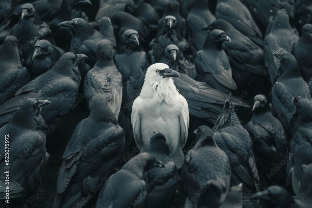 Photo of a white crow, surrounded by a group of black crow . The crow ...