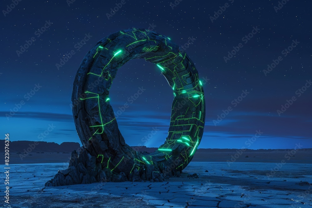 A giant ring-shaped sculpture made of stone, filled with glowing ...