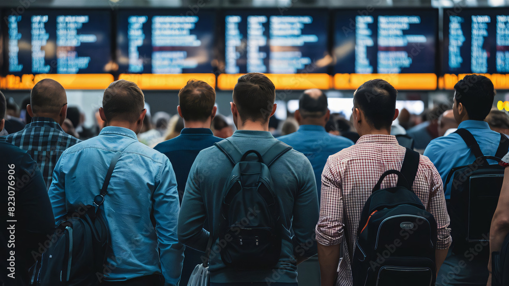 High resolution travellers looking at schedule board on the airport 3d ...