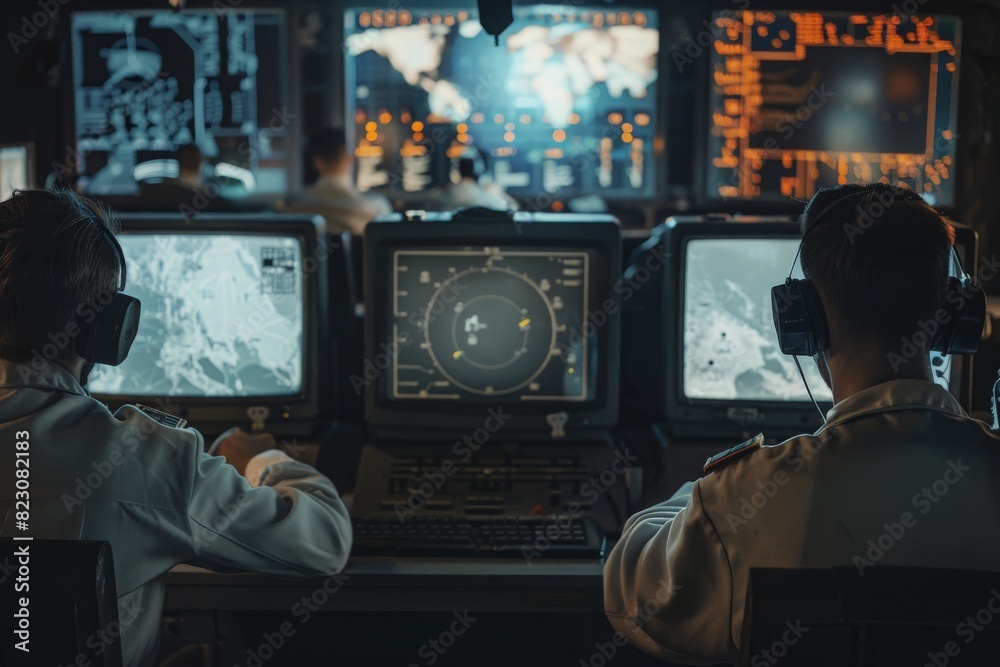 Zoom in view of military men using computers to watch online broadcast ...