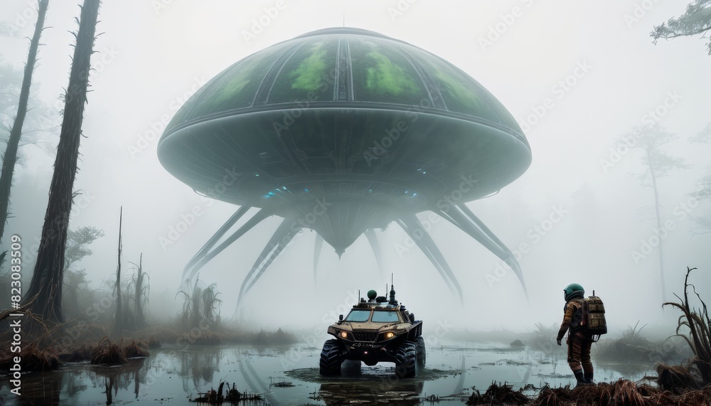 An explorer faces a towering alien craft with tentacles in a fog ...