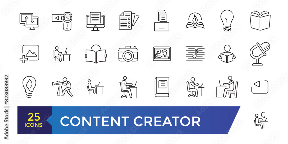 Content creator Icons set. Simple line art style icons pack. Editable ...