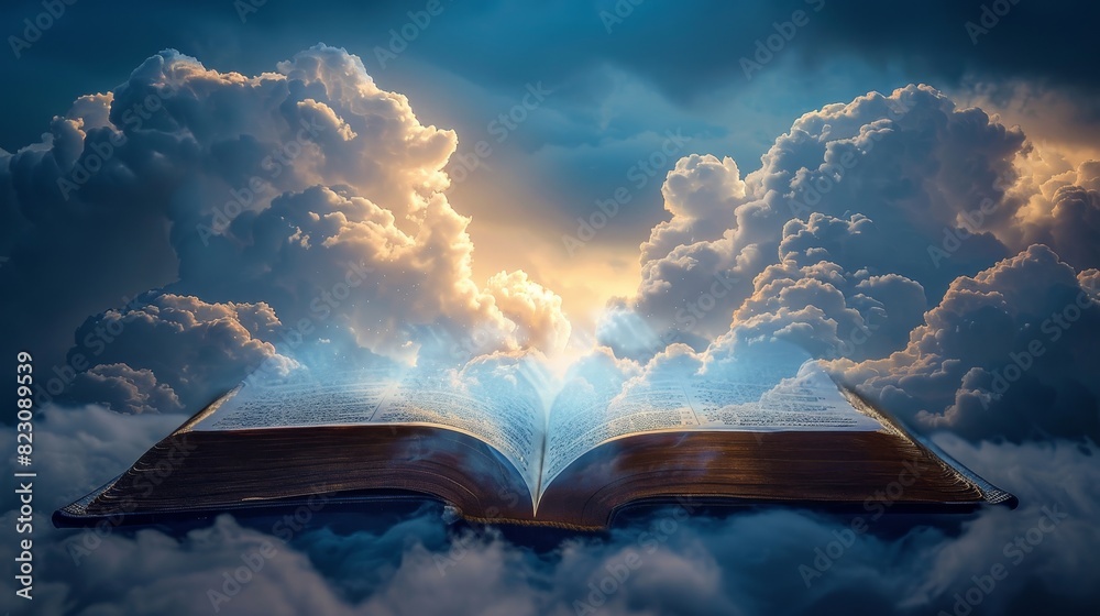 Beautiful Christian book open to a passage, fluffy clouds all around ...