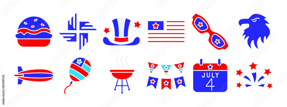 4th of July set icon. Drum, rocket, USA shield, balloons, eagle ...