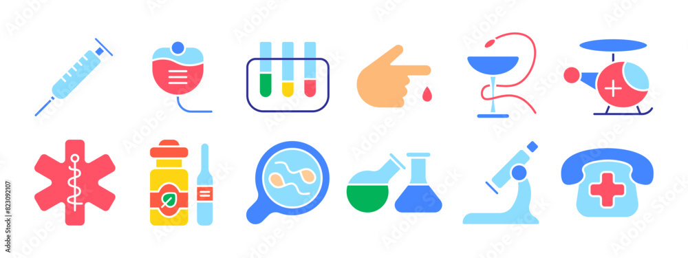 Medical set icon. Syringe, blood bag, test tubes, blood drop ...