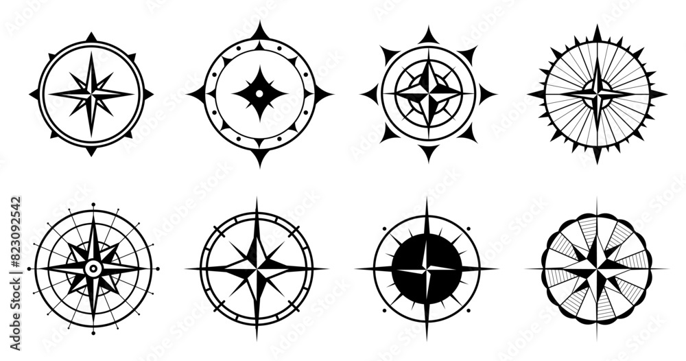 Vintage marine wind rose, nautical chart. Compass icons set. Compass ...