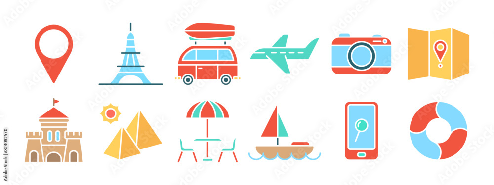 Travel set icon. Location pin, Eiffel Tower, camper van, airplane ...