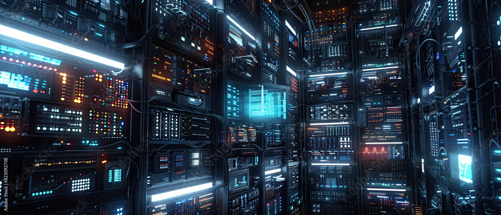 modern server data warehouse, with lots of machine cabinets, Lots of ...