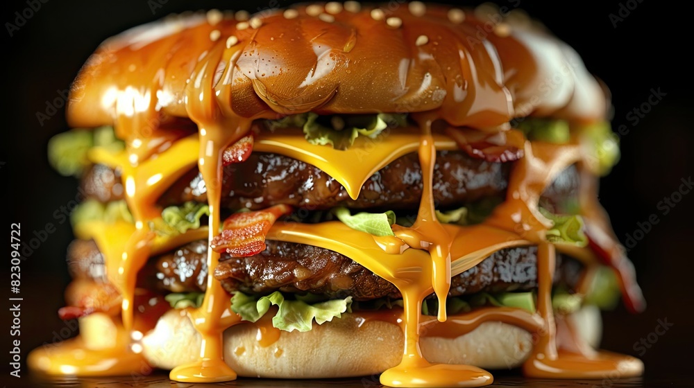 Close-up of a mouth-watering triple cheeseburger with crispy bacon ...