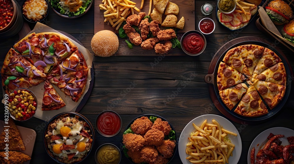 Top view of assorted junk food on wooden table including pizza, fries ...