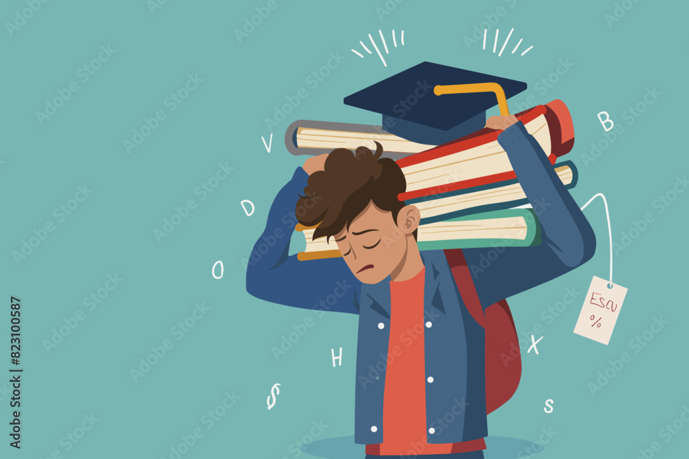 Exhausted Student Holding Textbooks and Graduation Cap with Price Tag ...