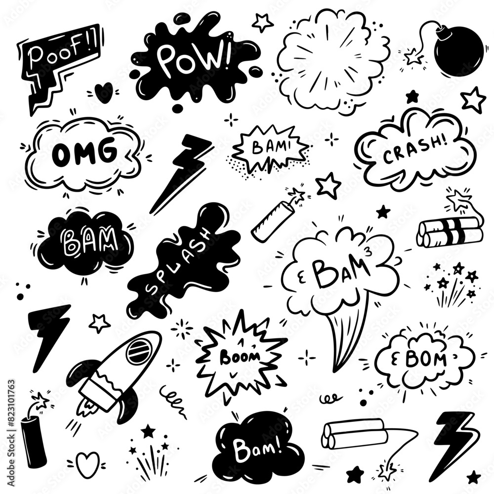 Comic cartoon line bomb explosion. Hand drawn cartoon explosion bomb ...