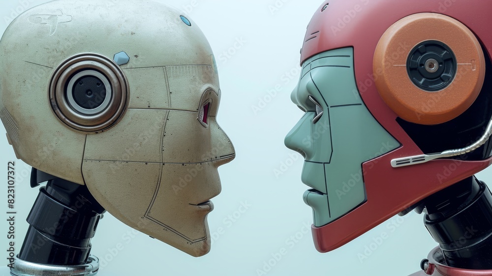 Side profile view of two colorful humanoid robot heads, one beige and ...