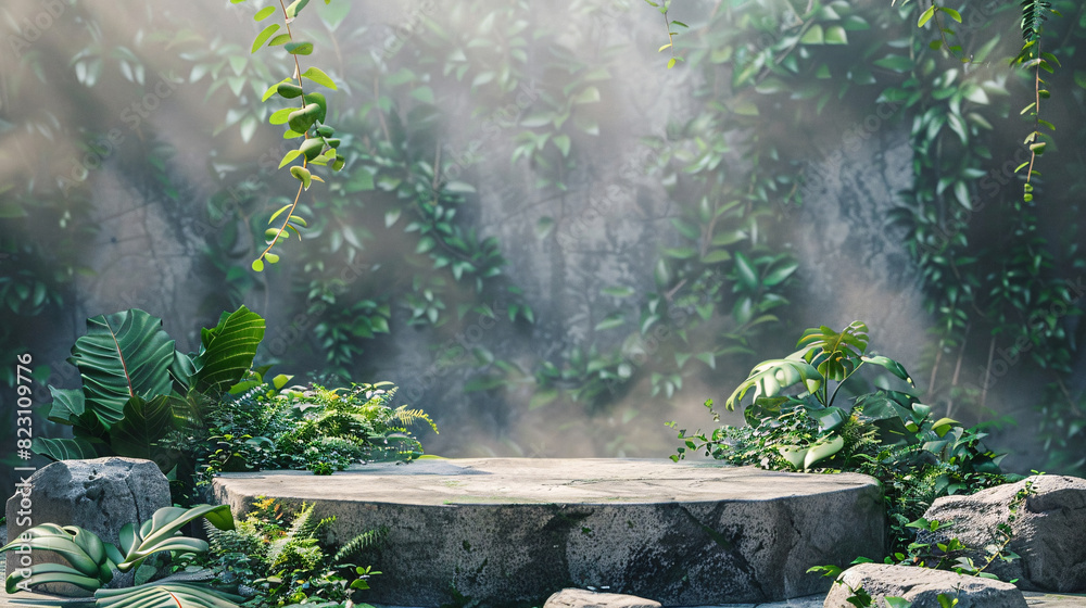 Natural backdrop featuring a stone podium and lush foliage, suitable ...