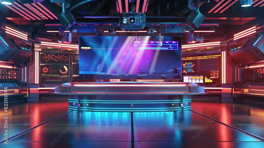 Futuristic television news broadcast studio with big screen and table ...