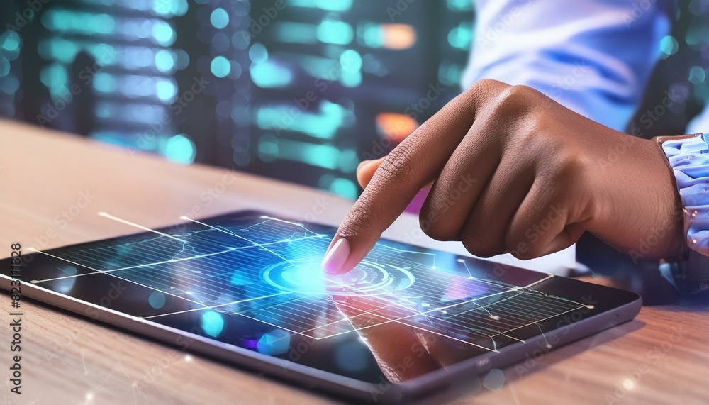 person holding tablet pc with network, hand pushing a button on ...