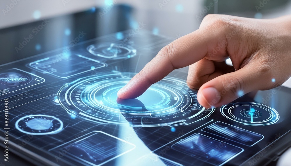 person holding tablet pc with network, hand pushing a button on ...