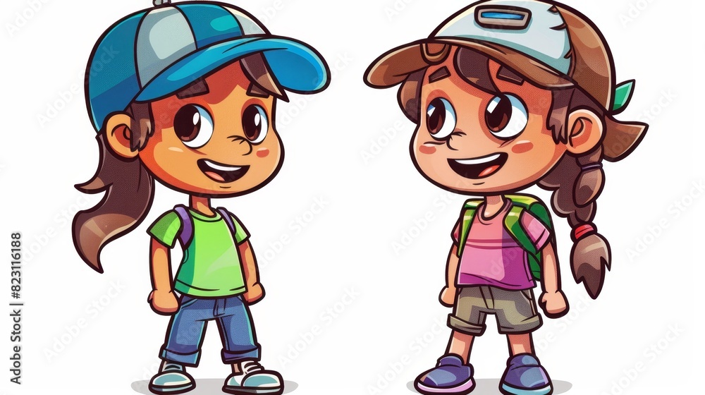 A modern clipart illustration of a happy cartoon boy and girl. Each ...