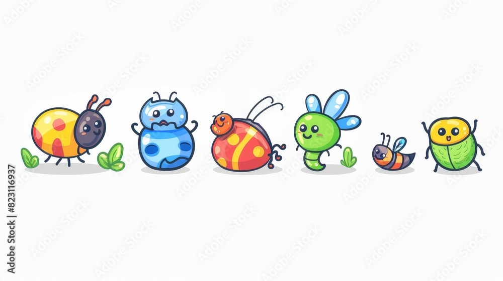 Cute cartoon kawaii insect set line. Ladybugs, butterflies, worms, ants ...