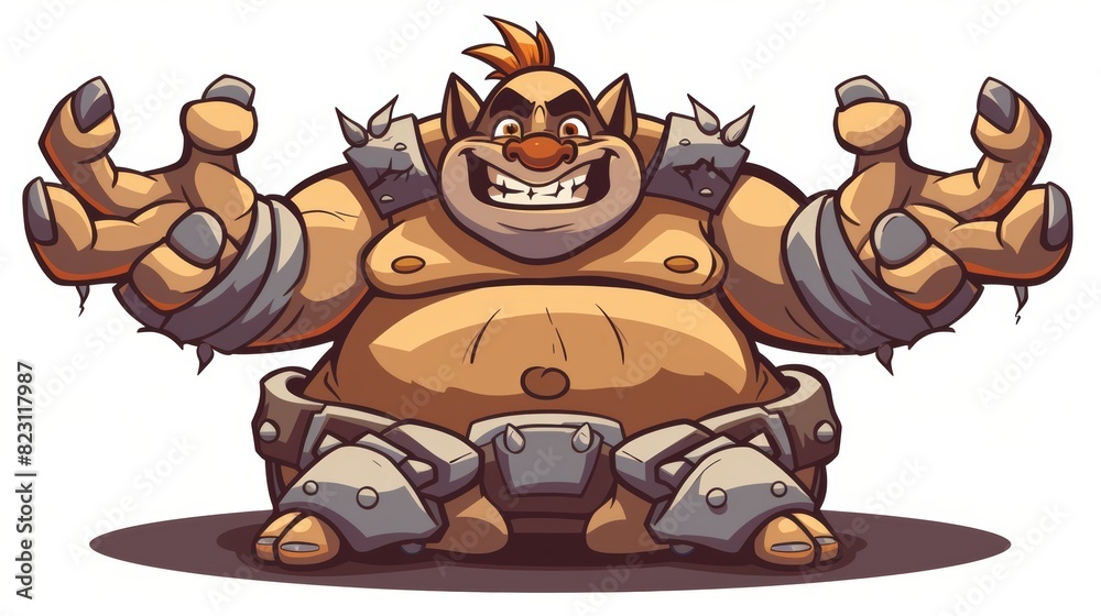 The cartoon character of a fat troll is sitting with arms open and a huge smile. The modern ...