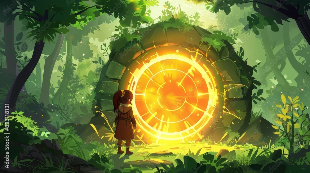 Cartoon girl in the jungle looks at the magic gate with a glowing ...