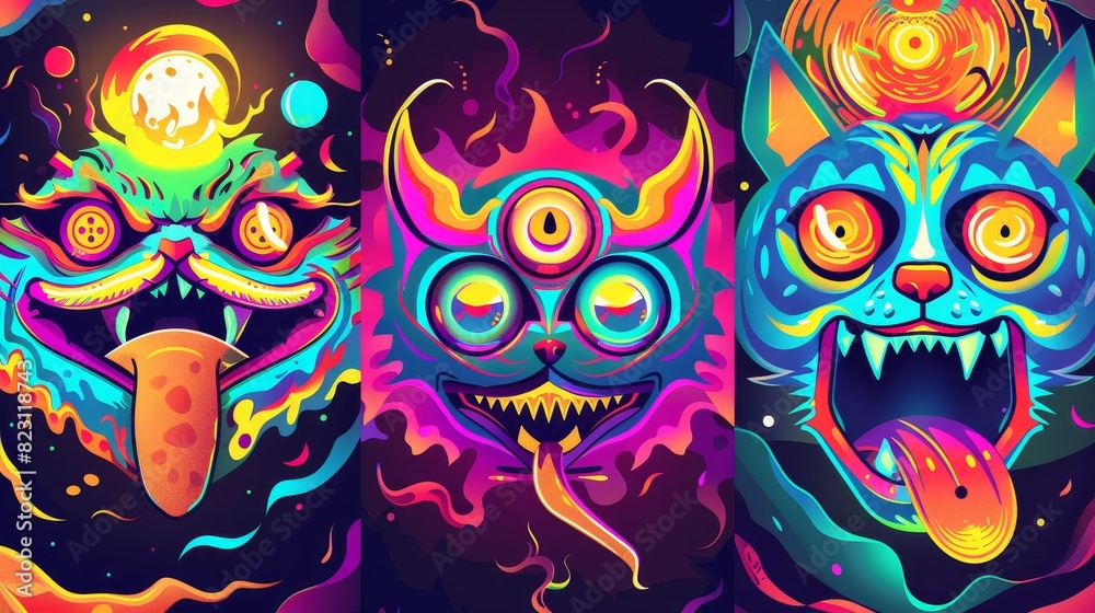 Set of psychoactive rave trip party banner templates with a martian ...